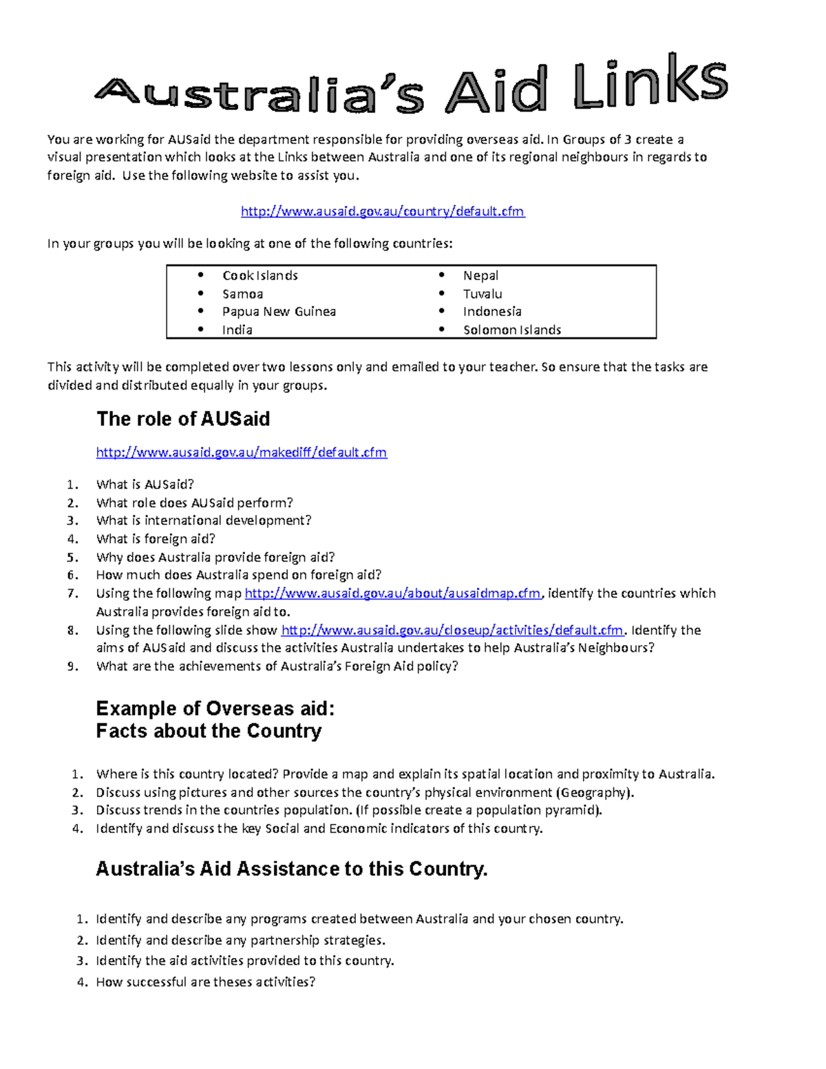 AUSaid Year 10 Group Project: Exploring Foreign Aid Connections - Studocu