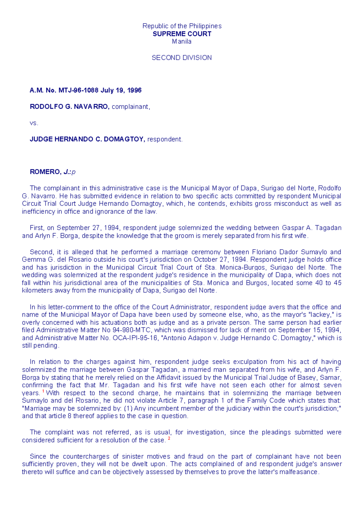 A.M. No. MTJ-96-1088: Misconduct Case Against Judge Hernando Domagtoy ...