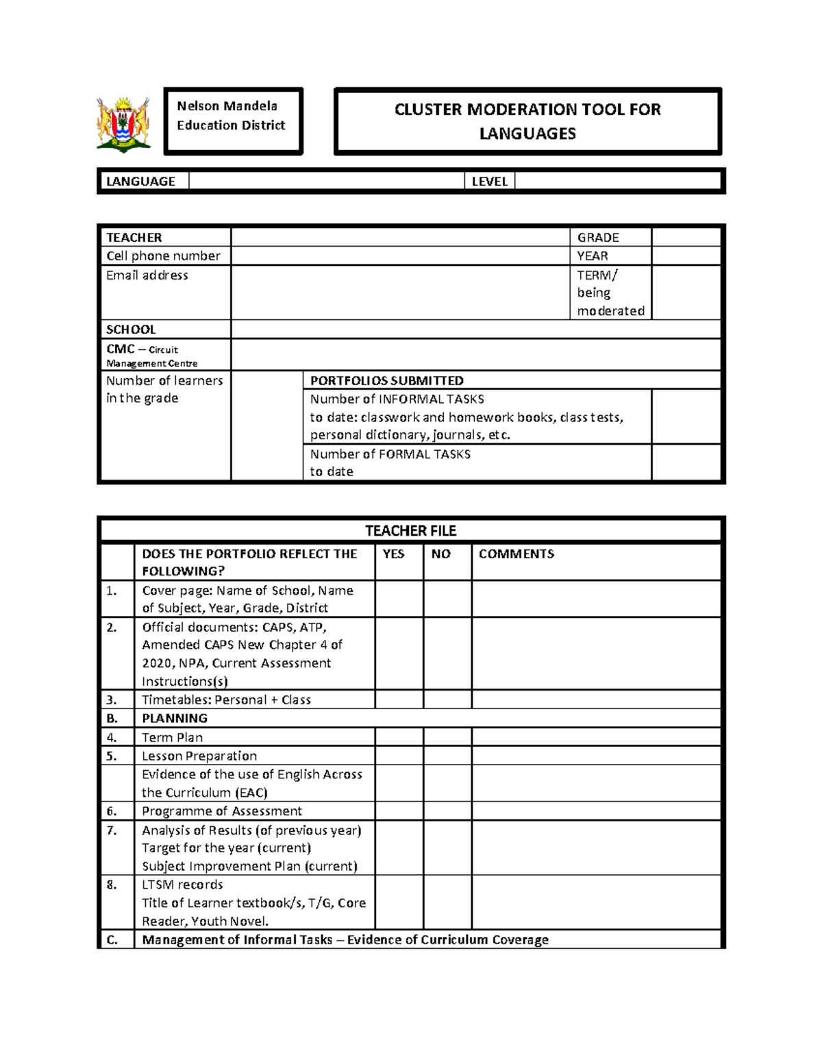 Nelson Mandela Education District CLUSTER MODERATION TOOL FOR LANGUAGES ...