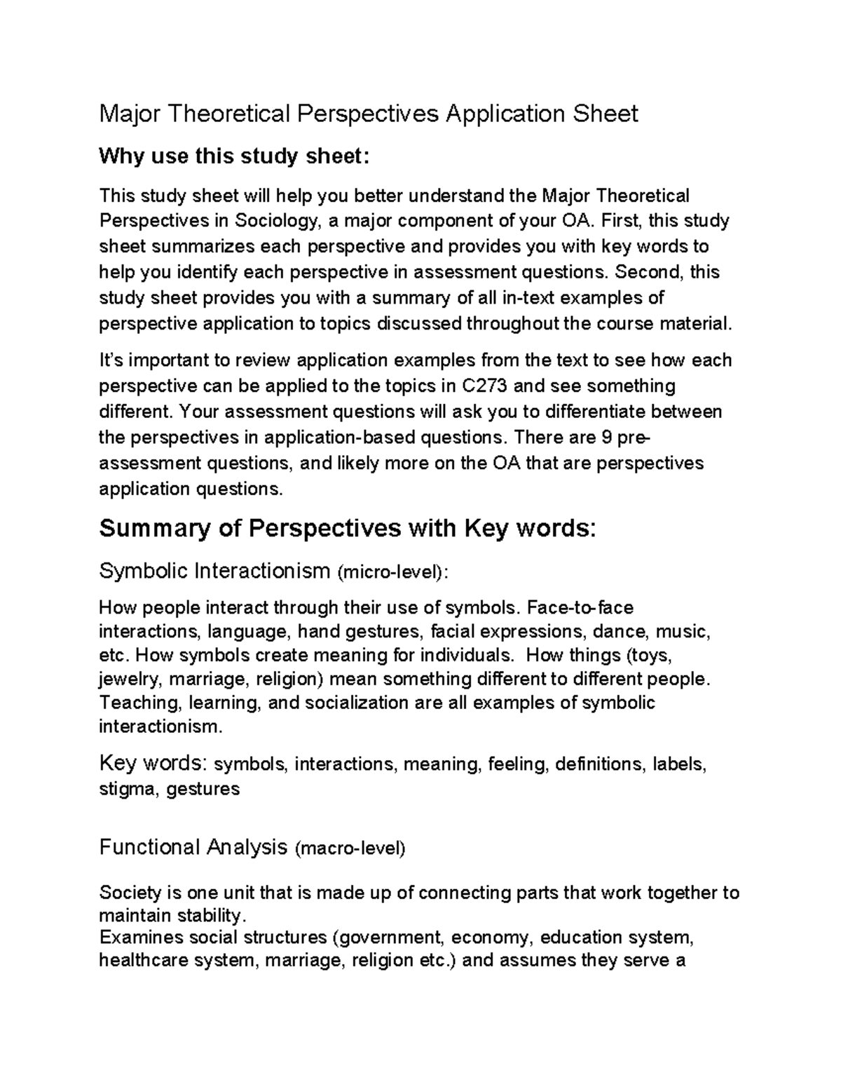 C273 Perspectives - study notes - Major Theoretical Perspectives ...