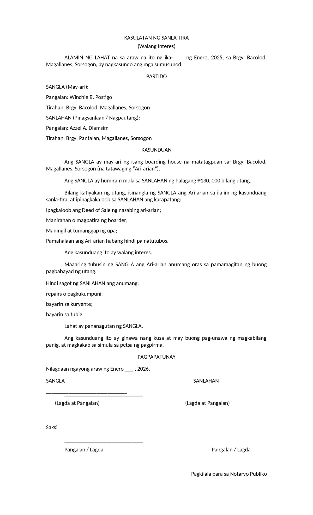 Kasulatan ng Sangla (Walang Interes) - Sample Copy - Studocu