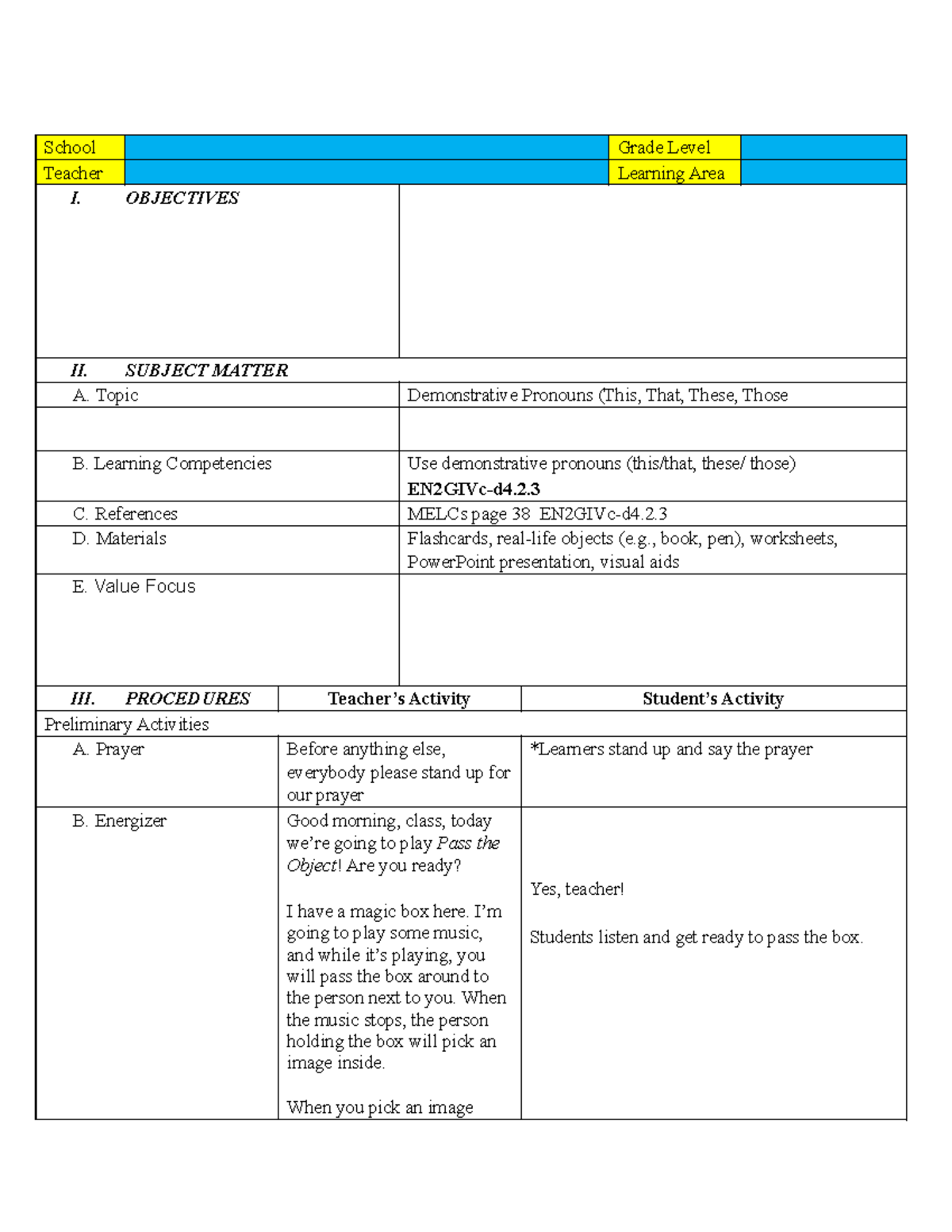 EN2GIVc-d4 Demonstrative Pronouns Lesson Plan and Activities - Studocu