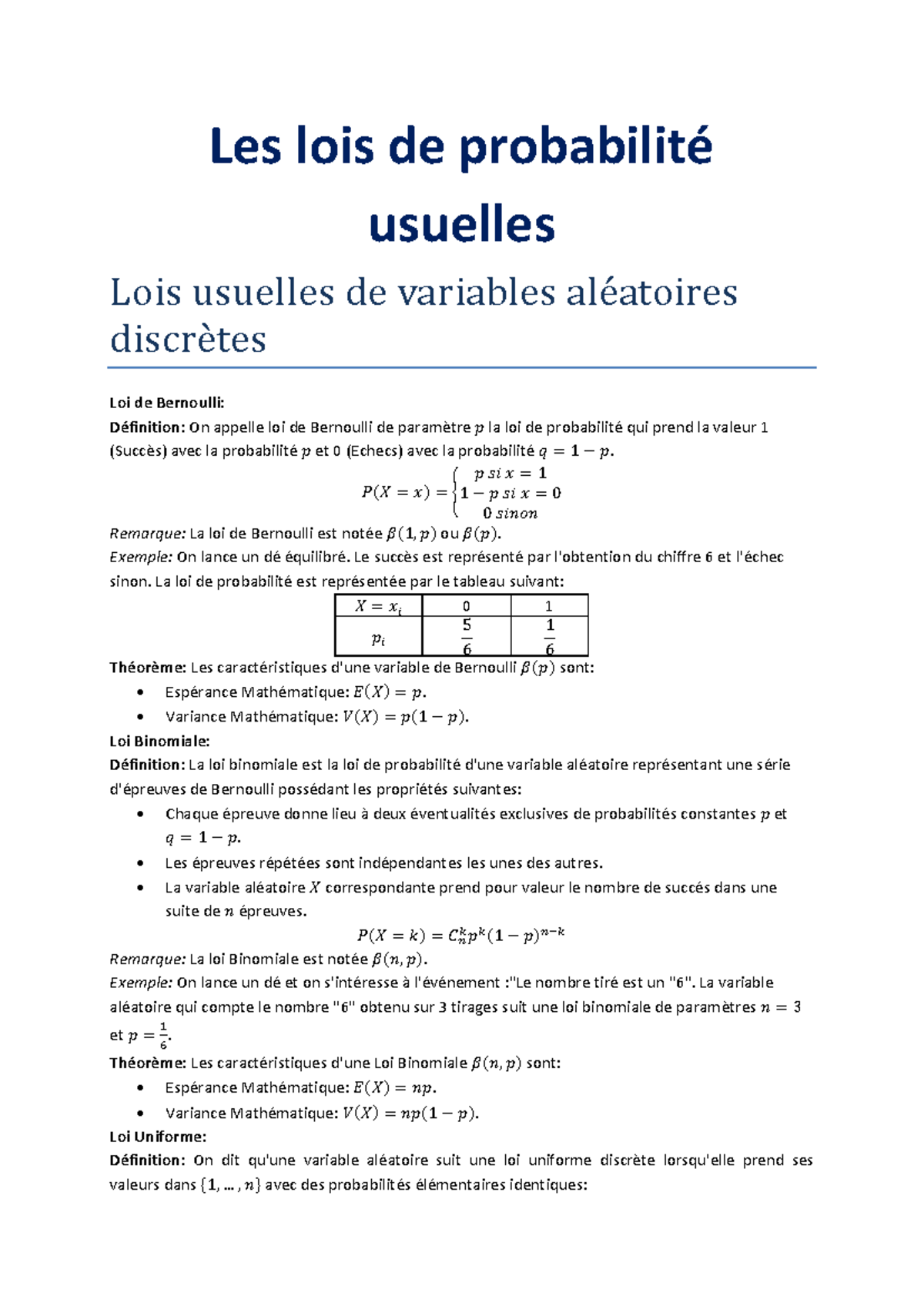 Chapitre 3 - Résumé sur les Lois de Probabilité Discrètes - Studocu