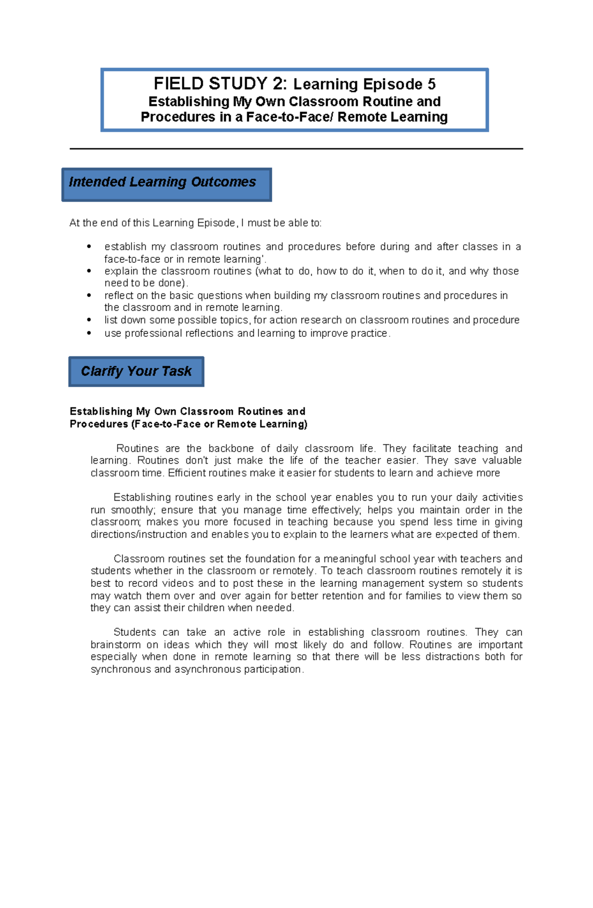 Learning Episode 5: Establishing My Classroom Routines (Face-to-Face ...