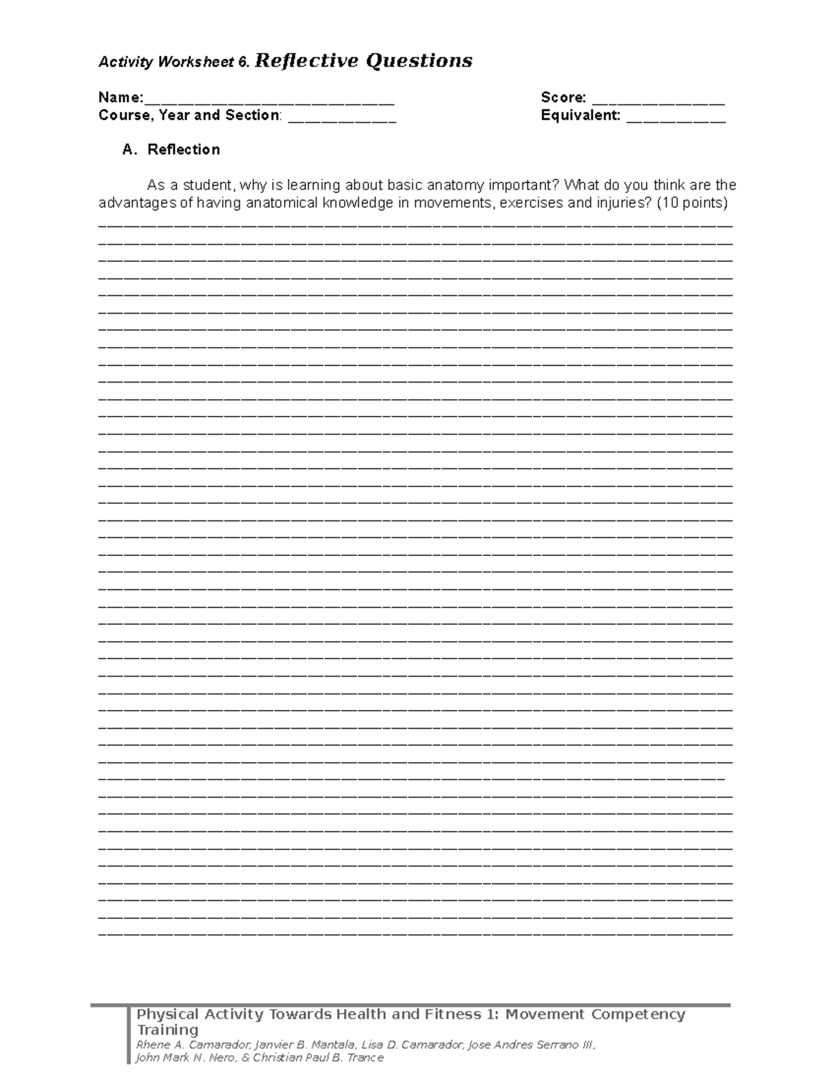 WS6-7 - it is a weekly task - Activity Worksheet 6. Reflective ...