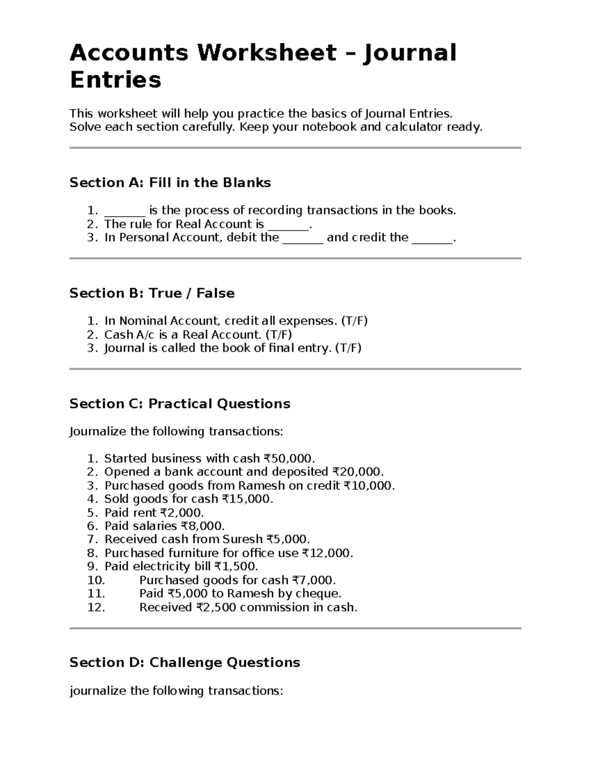 Accounts Worksheet: Journal Entries Practice Guide - Studocu