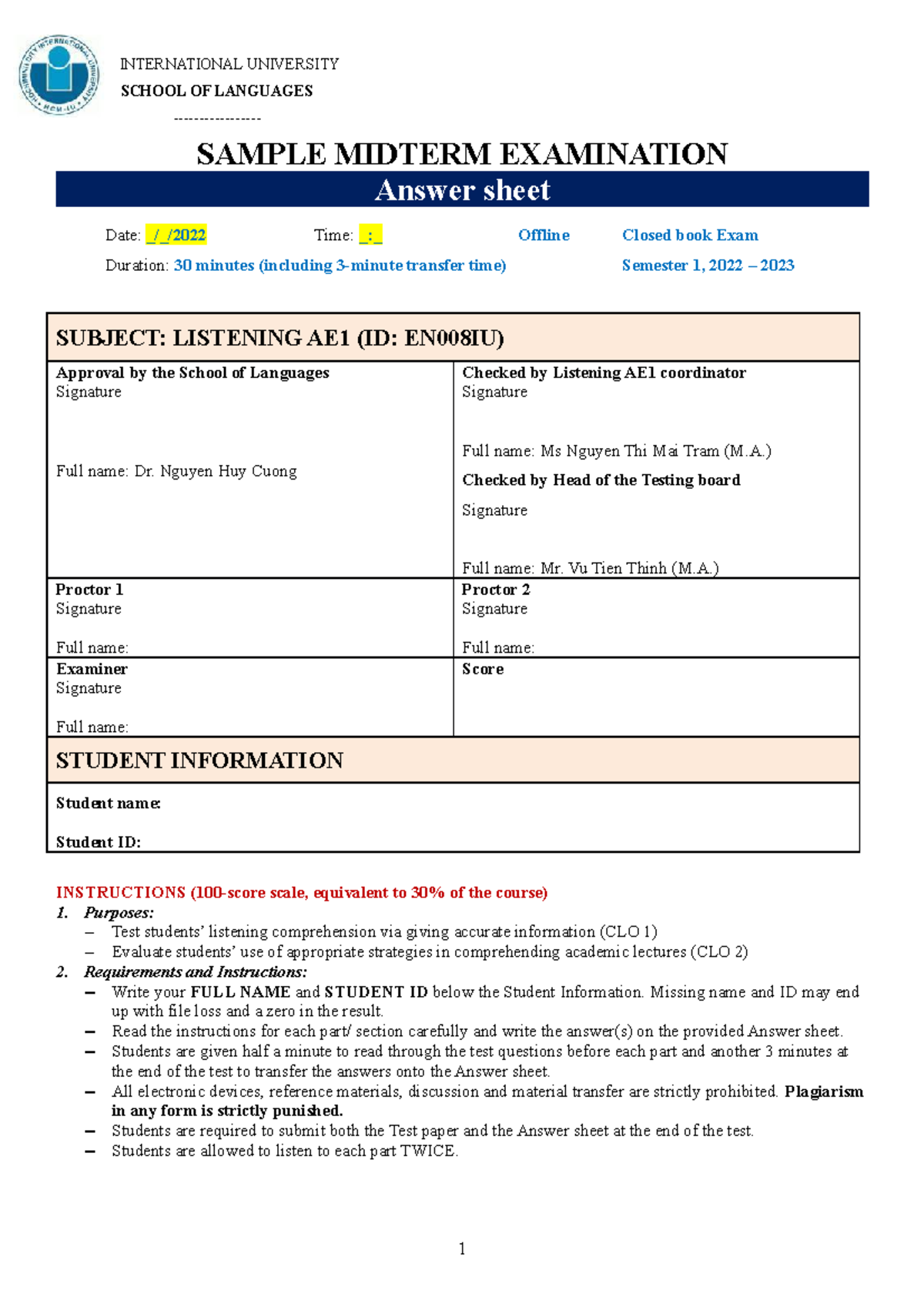 AE1 Listening Midterm Sample Test (ID: EN008IU) - Answer Sheet - Studocu