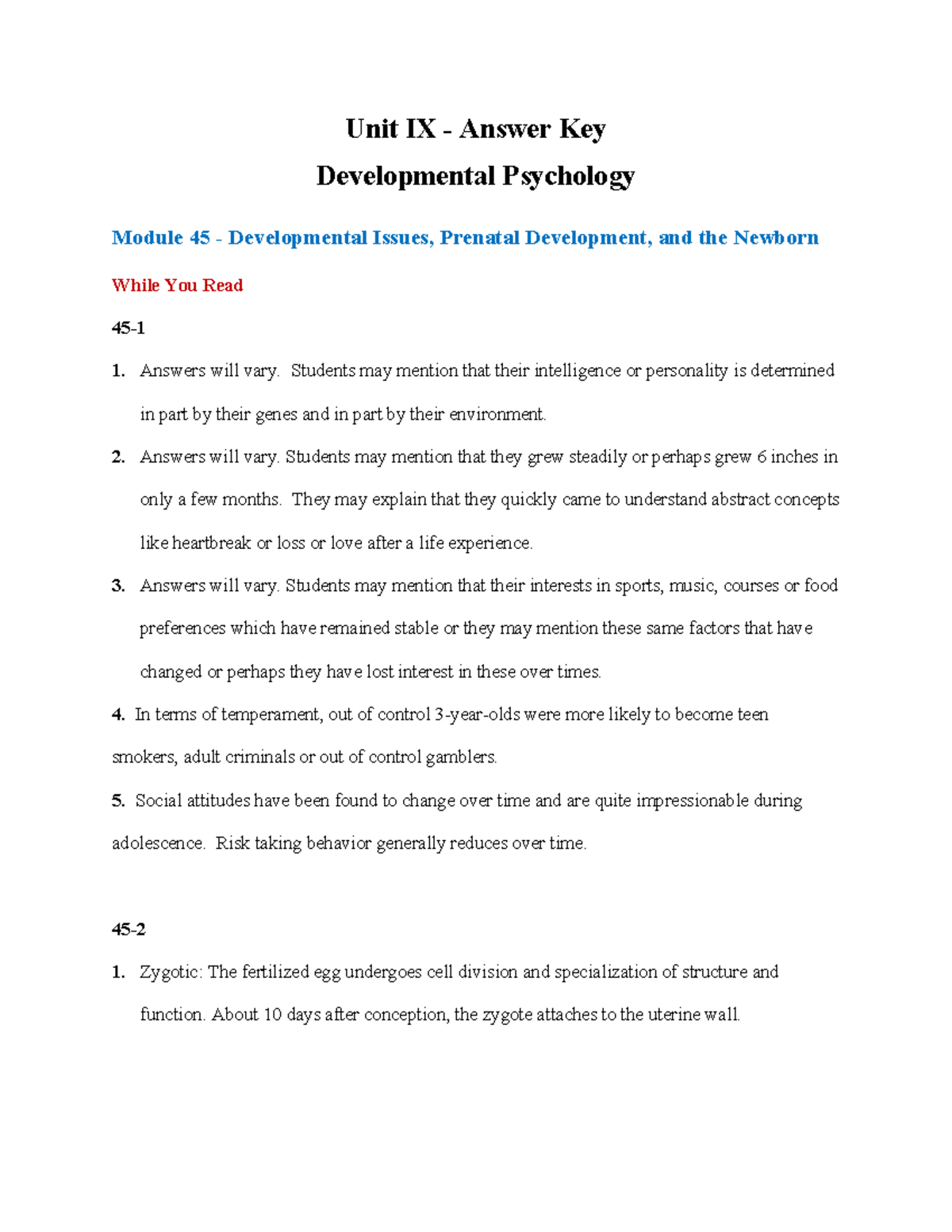 Unit IX - Developmental Psychology Answer Key (Modules 45-48) - Studocu