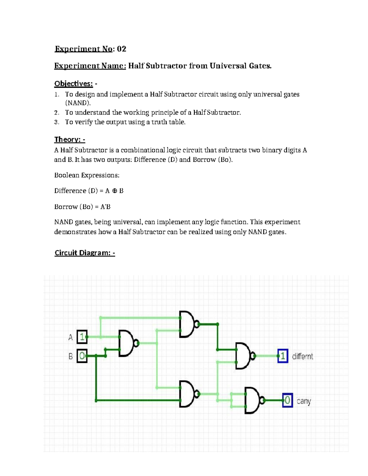 Half Subtractor Experiment (ENGR 202): Design & Implementation Using ...