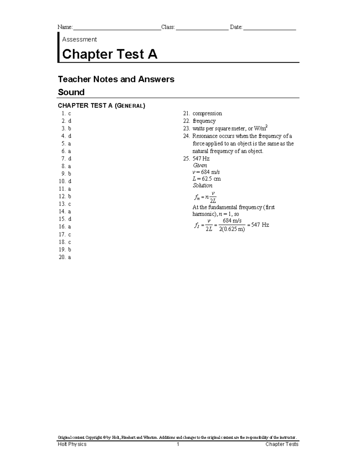 HSSP1200T Sound Chapter Test A Teacher Notes and Answers - Studocu