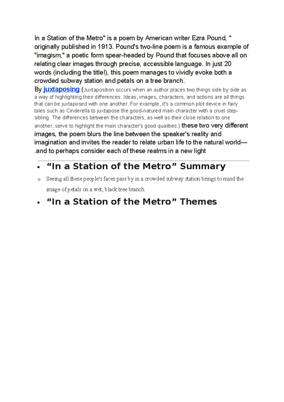 Analysis of "In a Station of the Metro" by Ezra Pound - Studocu