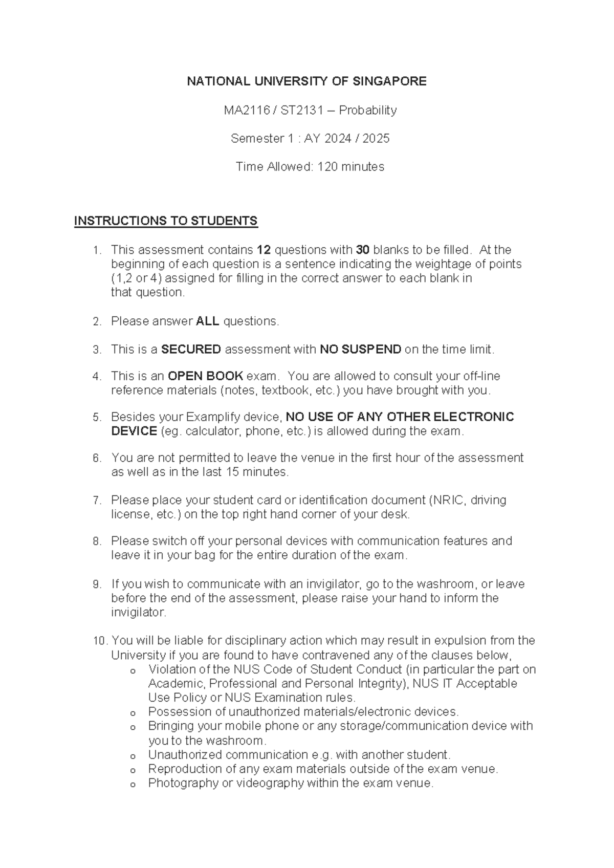 MA2116 ST2131 Probability Final Exam Guidelines & Questions - Studocu