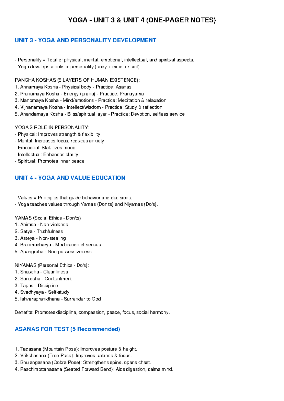 Yoga Unit 3 & 4 Notes: Personality Development & Value Education - Studocu