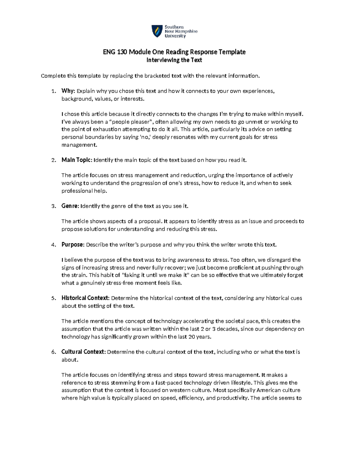 ENG 130 Module 1 Reading Response: Stress Management Insights - Studocu