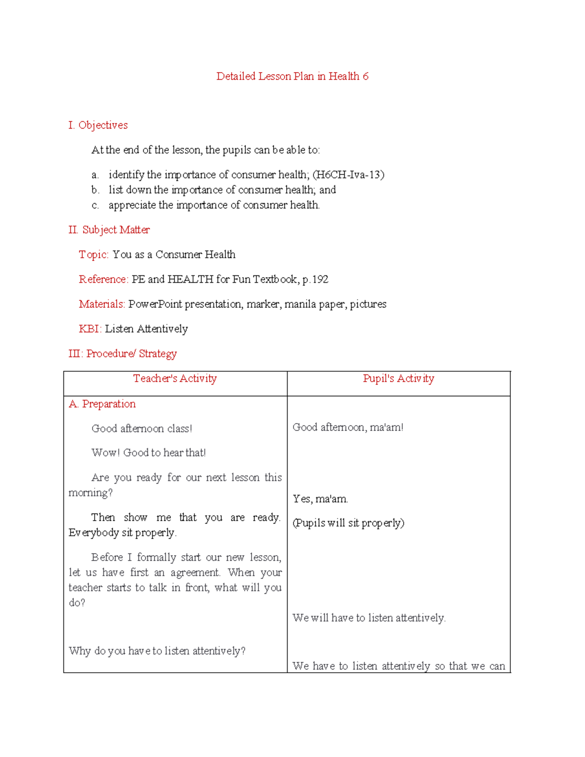 Health 6 Lesson Plan: Importance of Consumer Health (H6CH-Iva-13) - Studocu