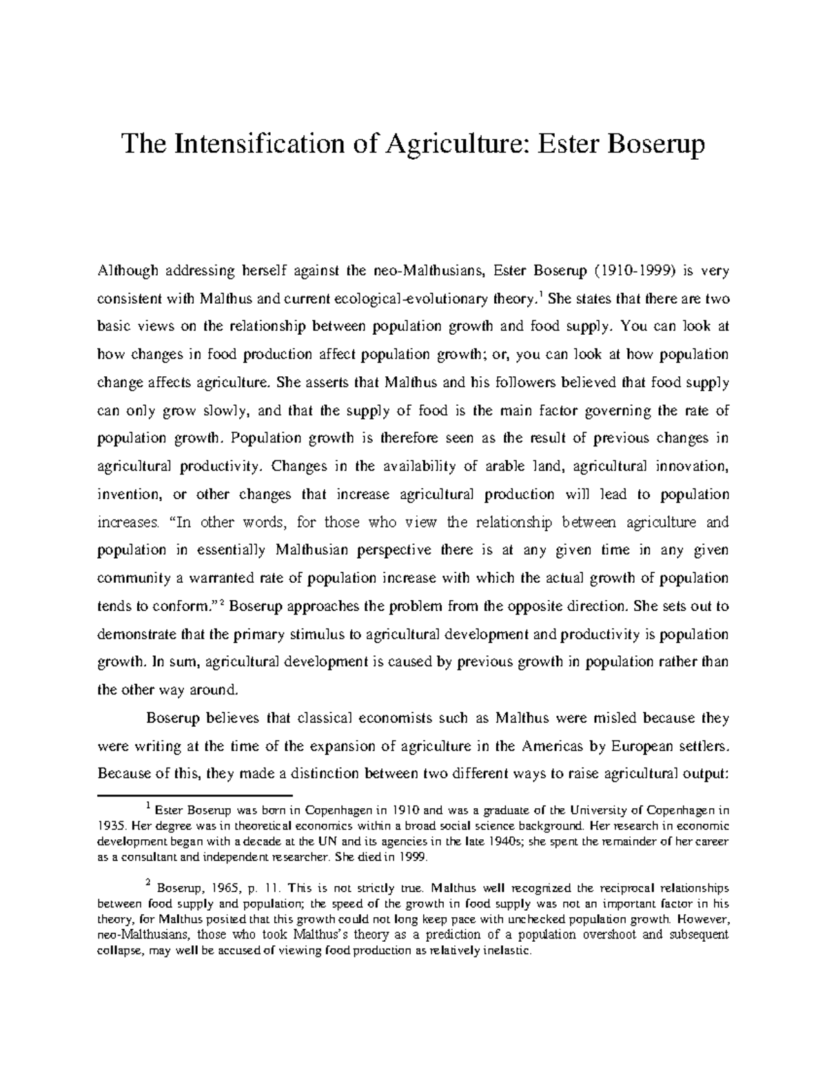 Boserup's Theory of Agricultural Intensification: Notes for Study - Studocu