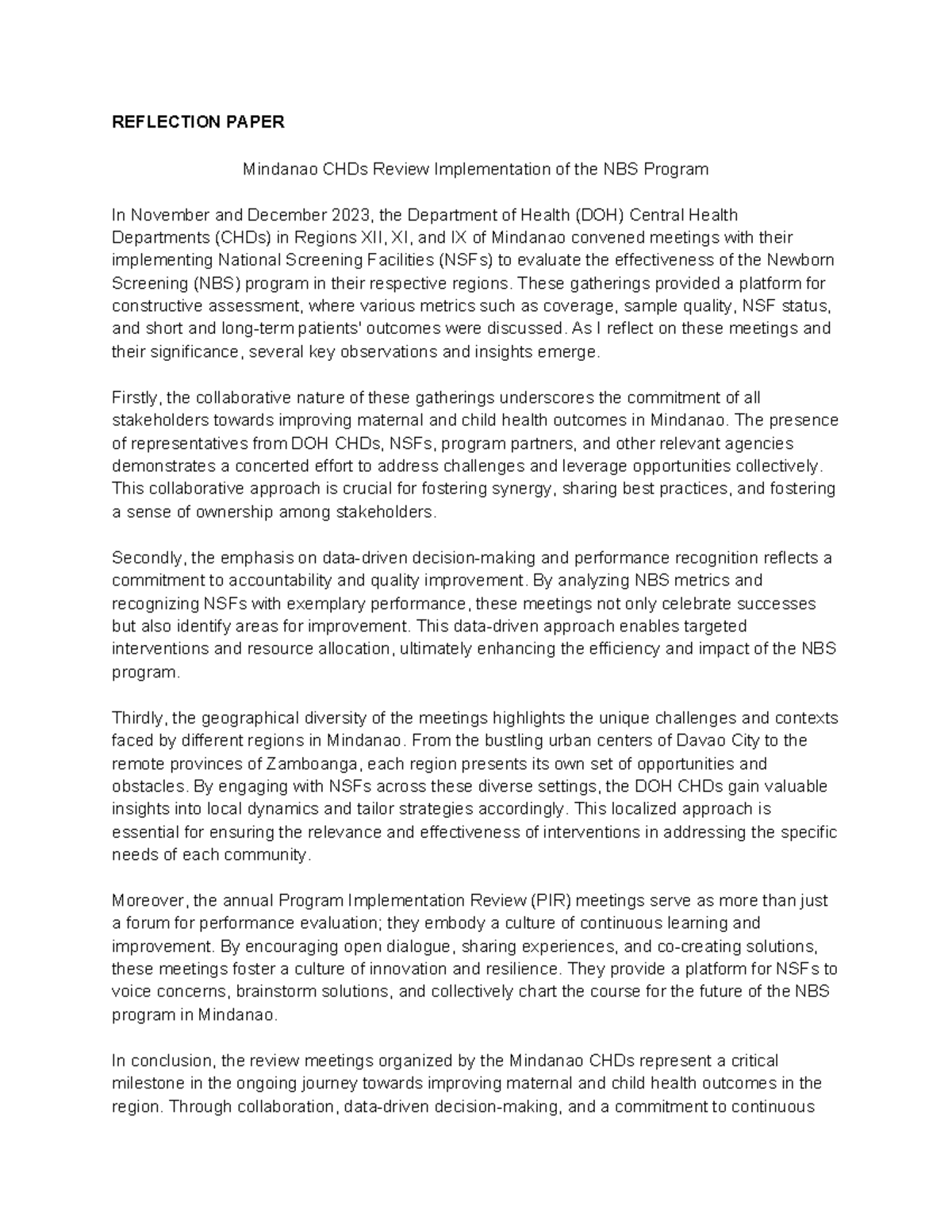 Reflection Paper - REFLECTION PAPER Mindanao CHDs Review Implementation ...