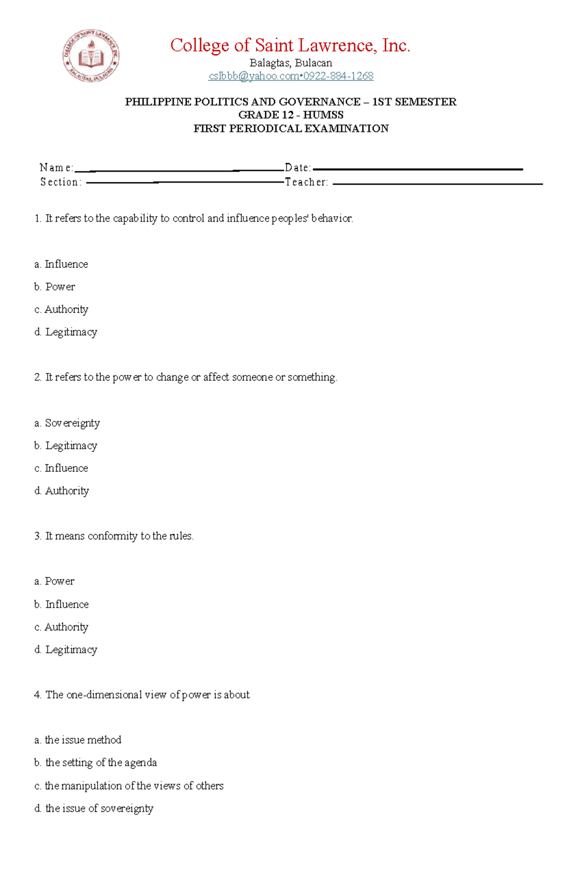 PPG 1ST SEMESTER GRADE 12 HUMSS FIRST PERIODICAL EXAMINATION - Studocu