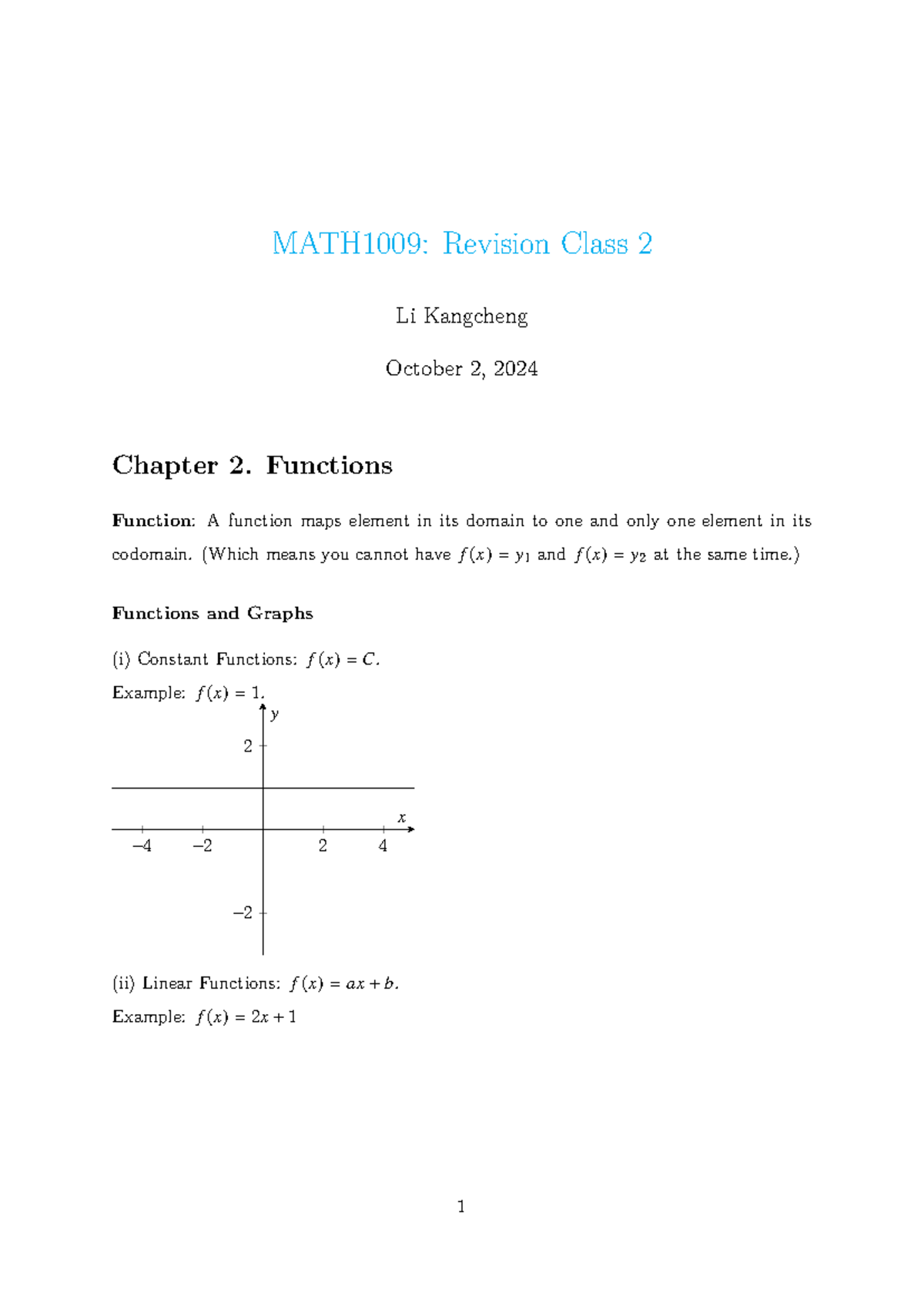 MATH1009: Chapter 2 Functions Overview and Key Concepts - Studocu