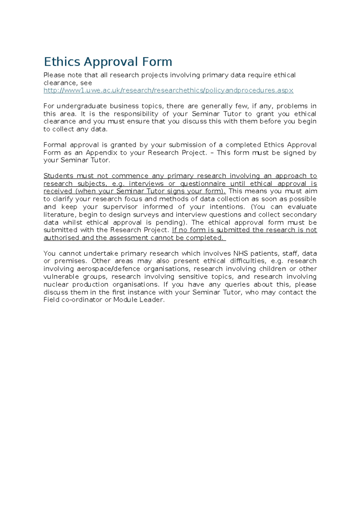 Ethics Approval Form for Research Project: Business Ethics Guidelines ...