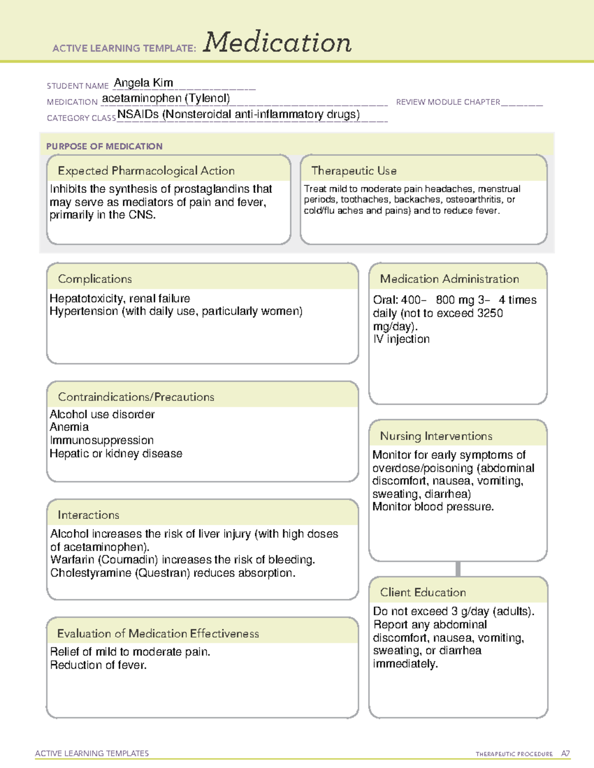 Acetaminophen (Tylenol) ATI - ACTIVE LEARNING TEMPLATES THERAPEUTIC ...