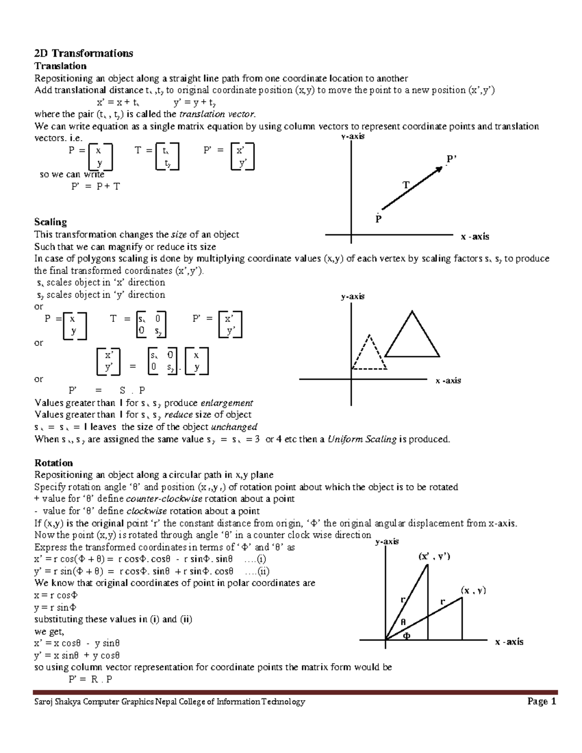 3.1 Two Dimensional Transformations - y-axis P P’ T y-axis y-axis 2D ...