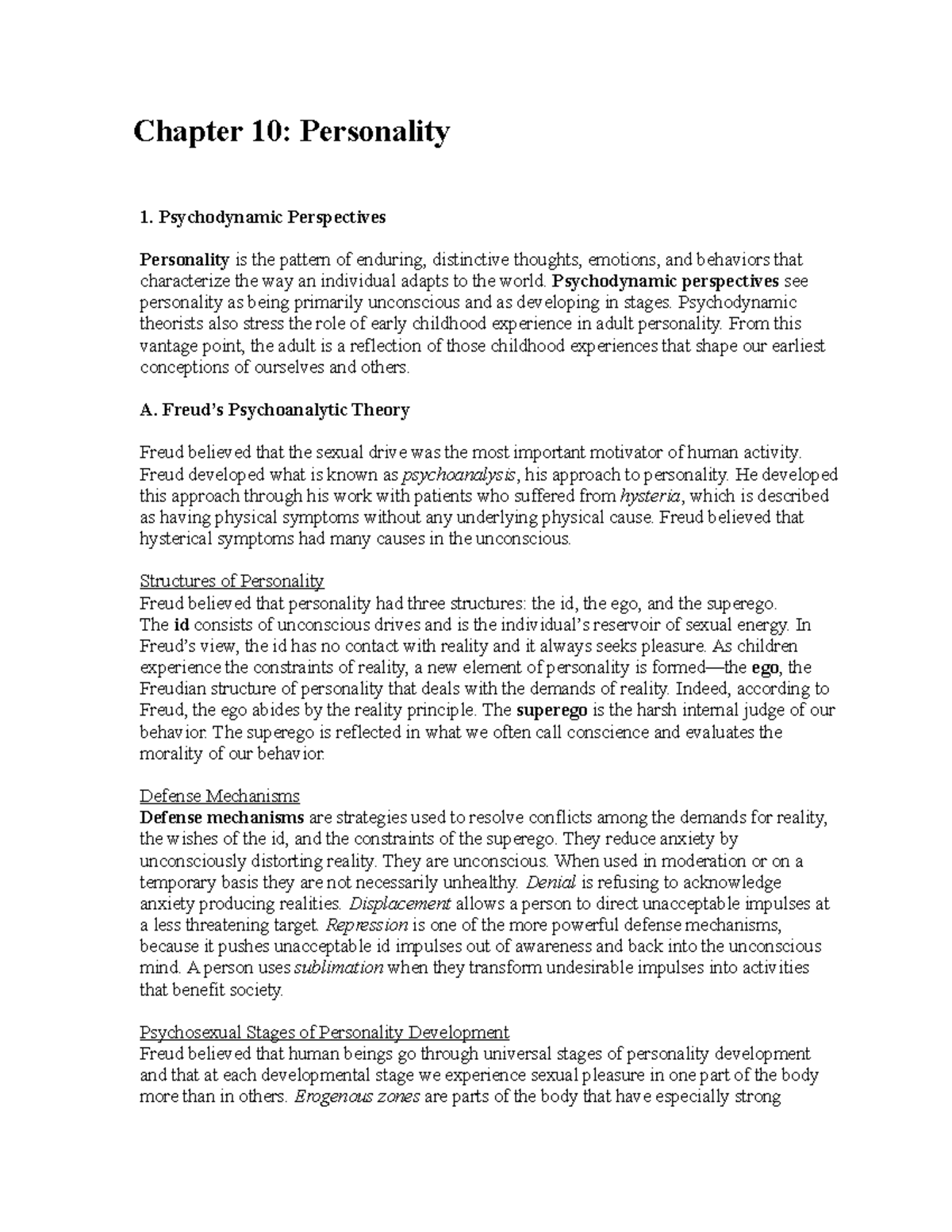 Psychology 101: Chapter 10 Personality Study Guide and Key Concepts ...