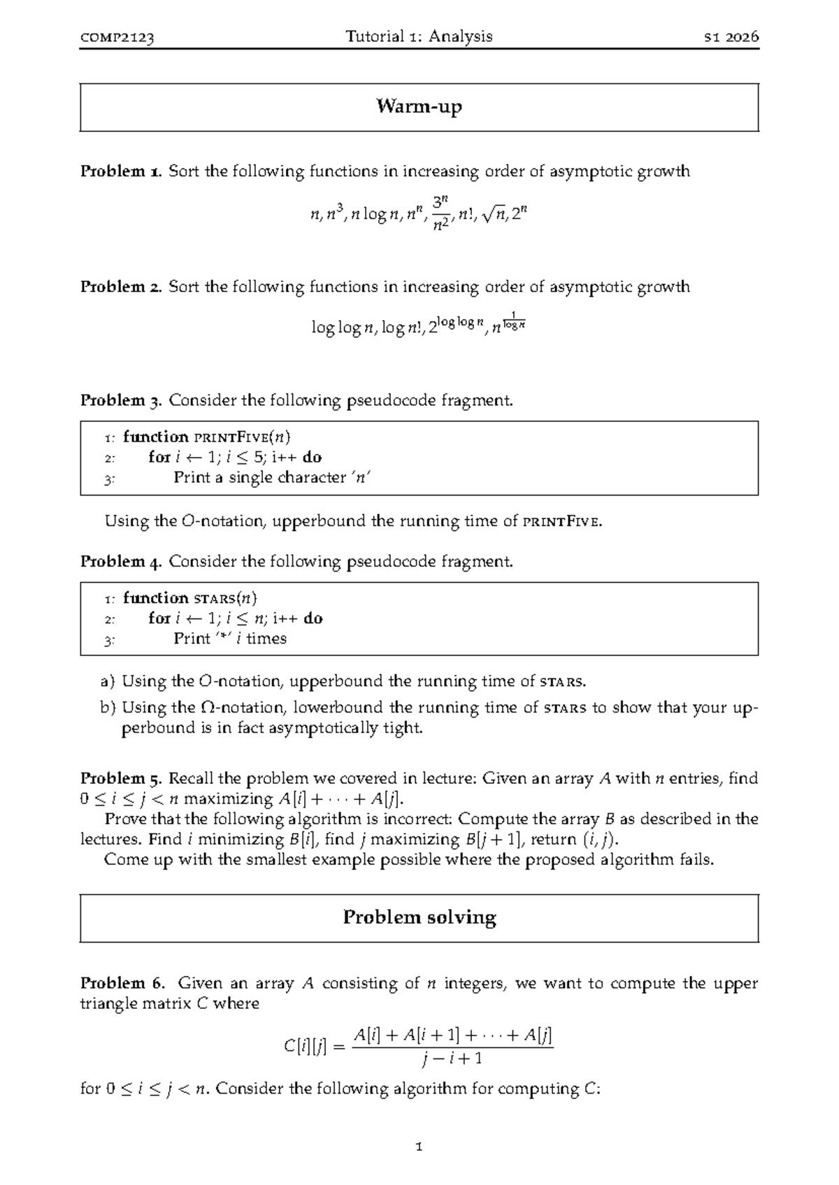Analysis Tutorial 1: Asymptotic Growth Problems (COMP2123 S1 2026 ...