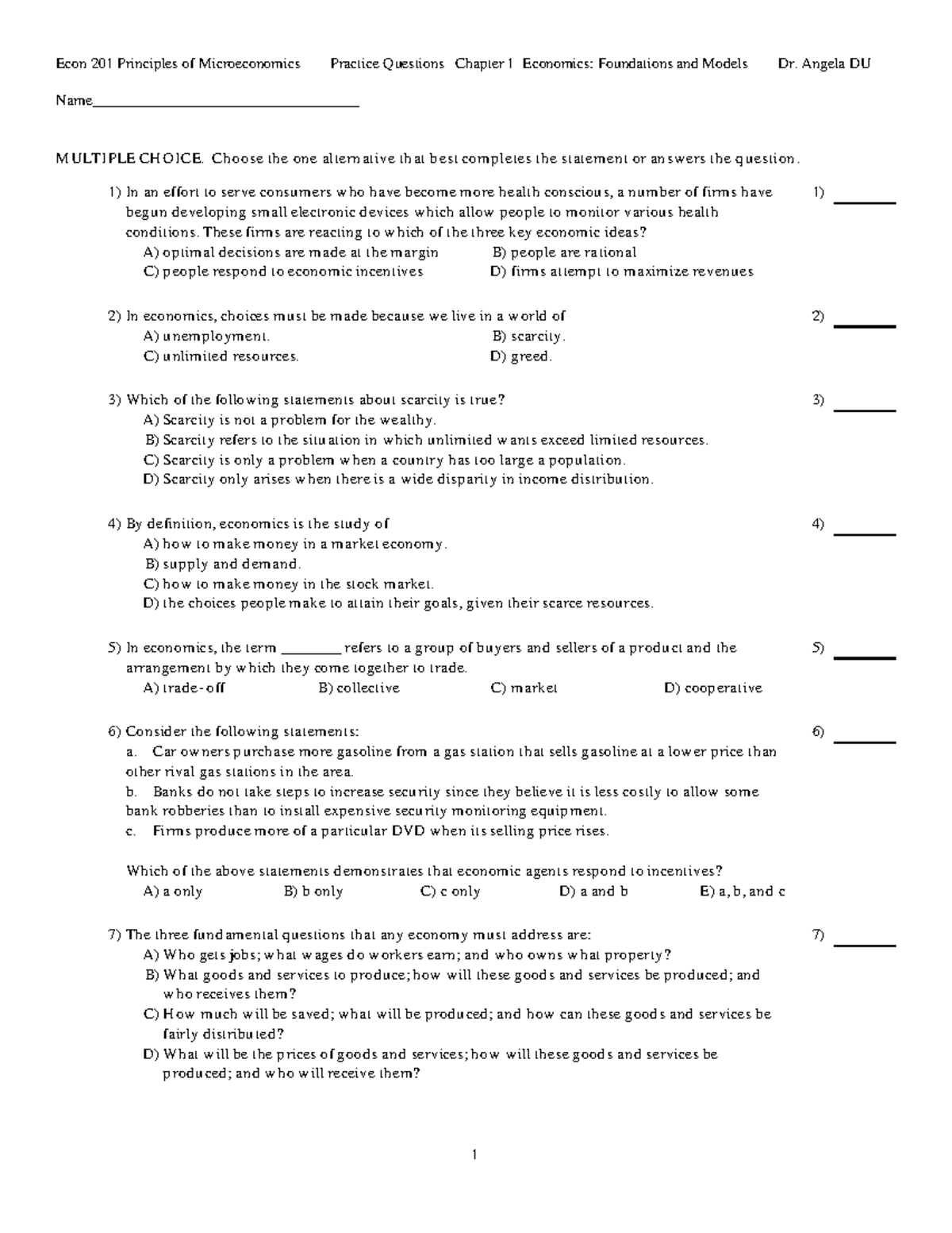 Econ 201: Principles of Microeconomics - Chapter 1 Practice Questions ...
