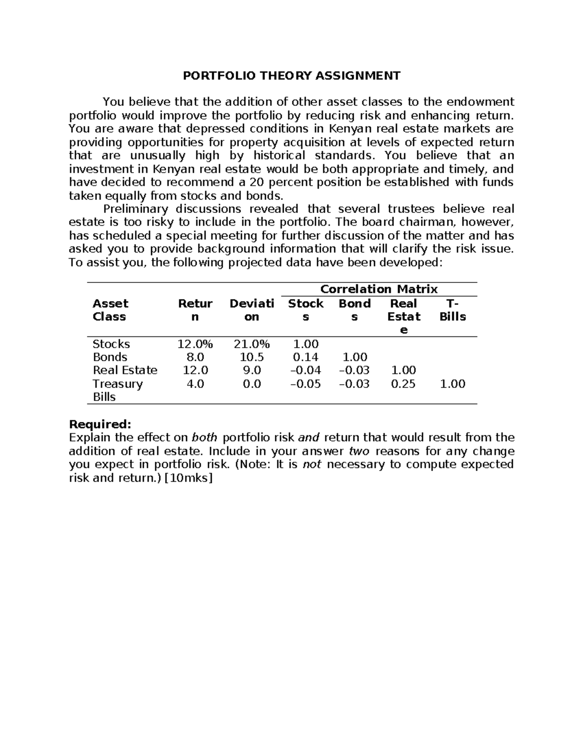 Portfolio Theory Assignment: Enhancing Returns with Real Estate - Studocu