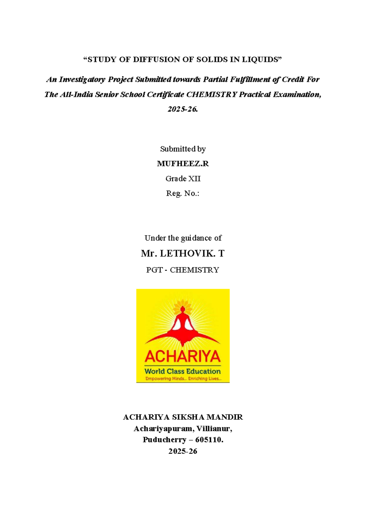 Chemistry Project: Investigating Solid Diffusion - Grade XII - Studocu