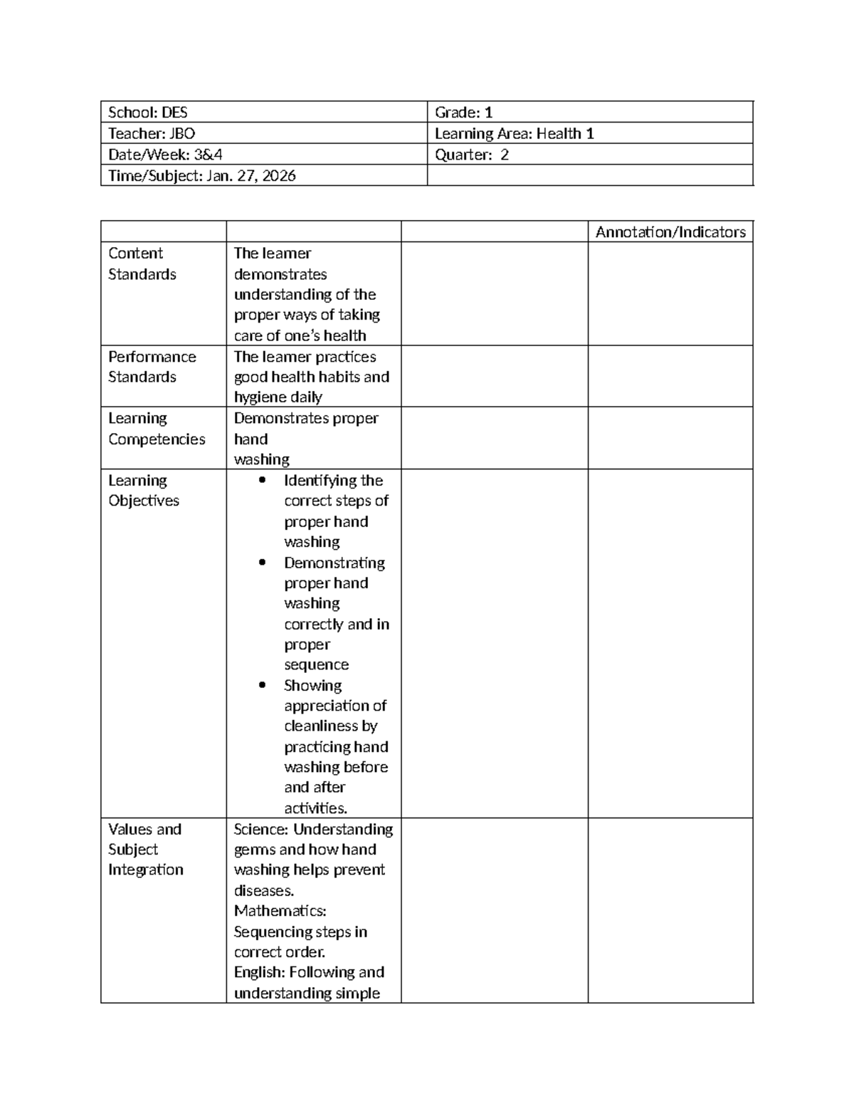 Health 1 Lesson Plan: Proper Hand Washing Techniques - Studocu