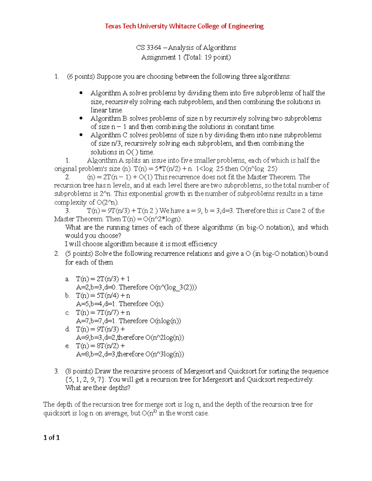 CS3364 Assignment 1: Algorithm Analysis and Recurrence Relations - Studocu