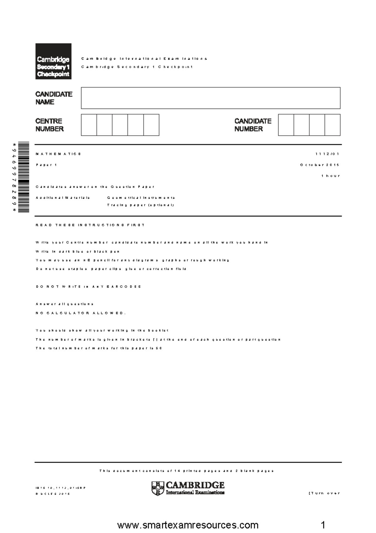 Cambridge International Examinations C1 Checkpoint Math Paper 1 Oct ...
