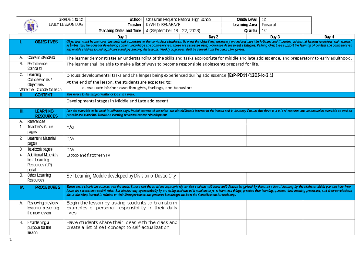 DLL Perdev Week 4 - Personal Development in Grade 12 Curriculum - Studocu
