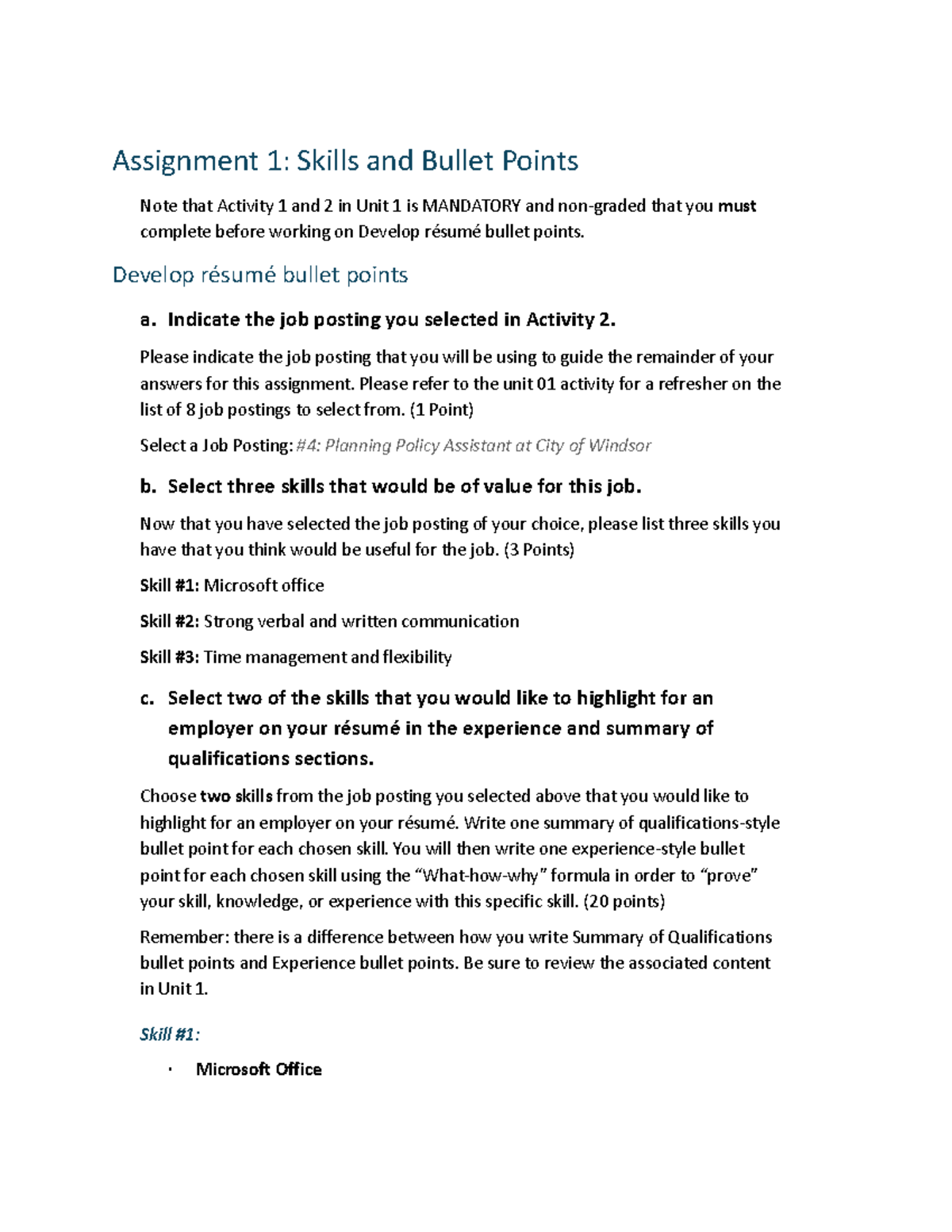 Assignment 1: Skills & Bullet Points for Résumé Development - Studocu