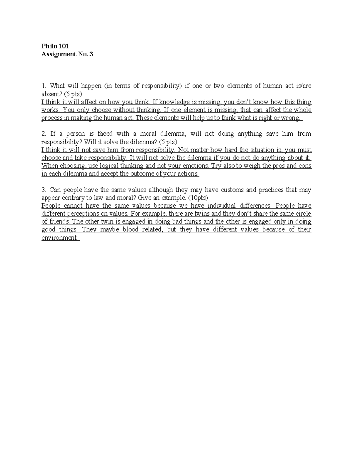 Philo 101 Assignment 3 - Essay on Human Responsibility and Values - Studocu