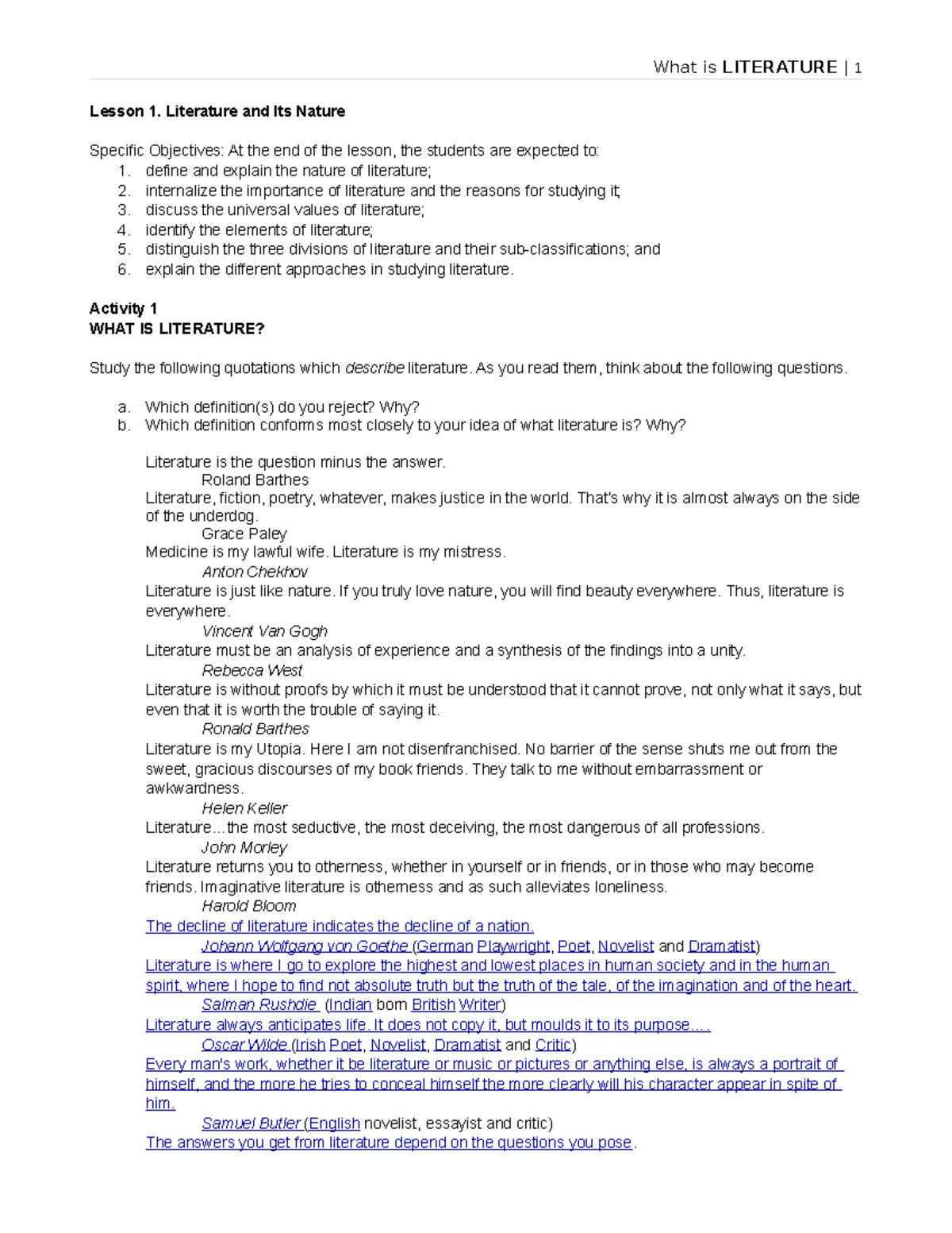 Lesson 1: Nature of Literature - LIT 01 Lecture Notes - Studocu