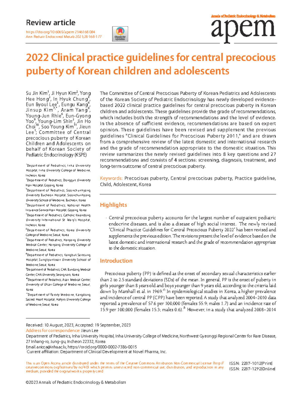 2022 Clinical Practice Guidelines for Central Precocious Puberty in ...