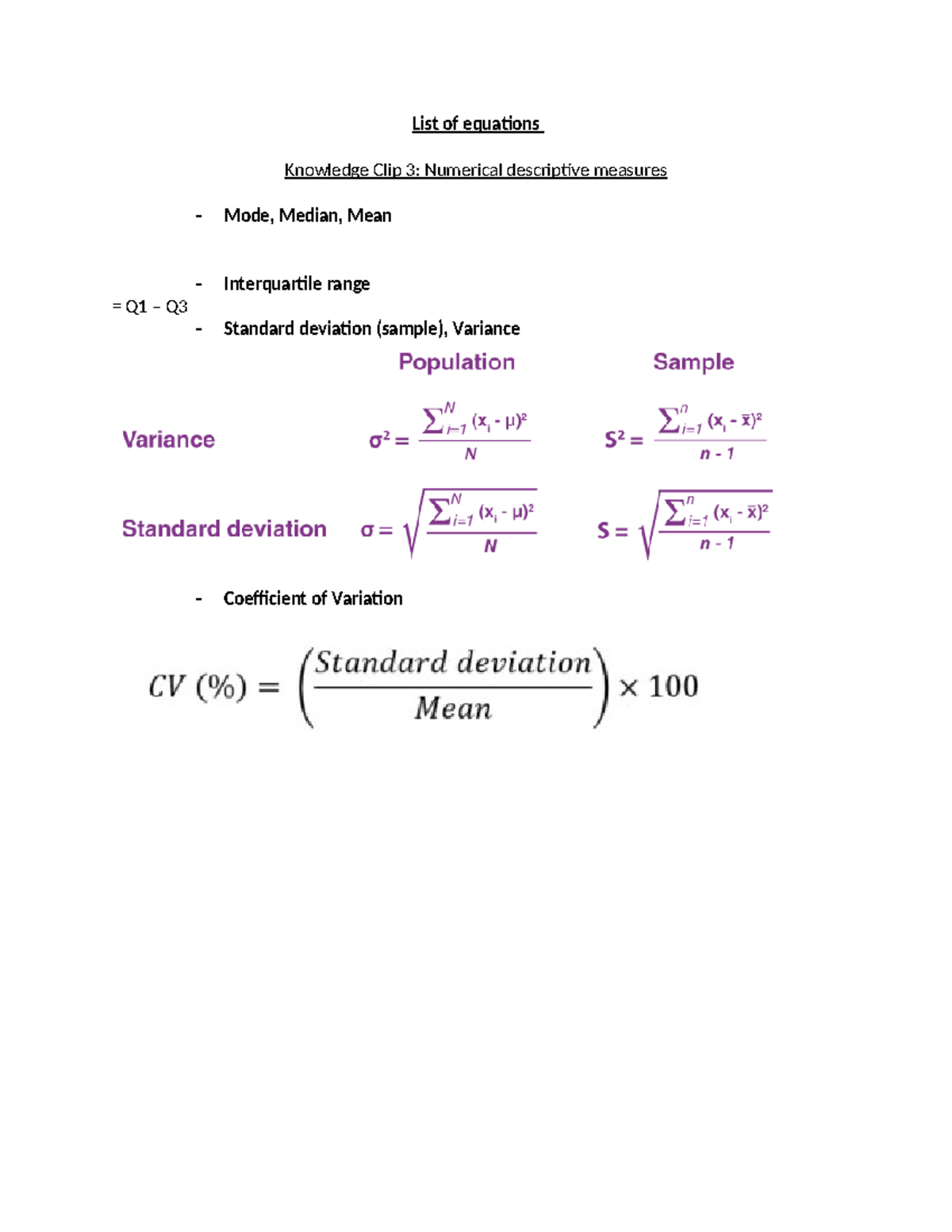 List of Key Equations - Summary of Statistics for PRE-MSC - Studeersnel