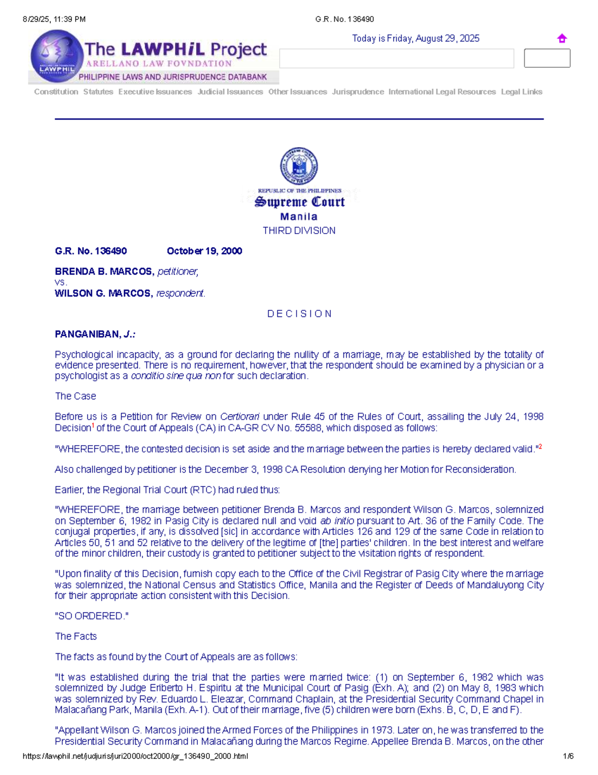 G.R. No. 136490 - Marcos vs. Marcos: Psychological Incapacity Case ...