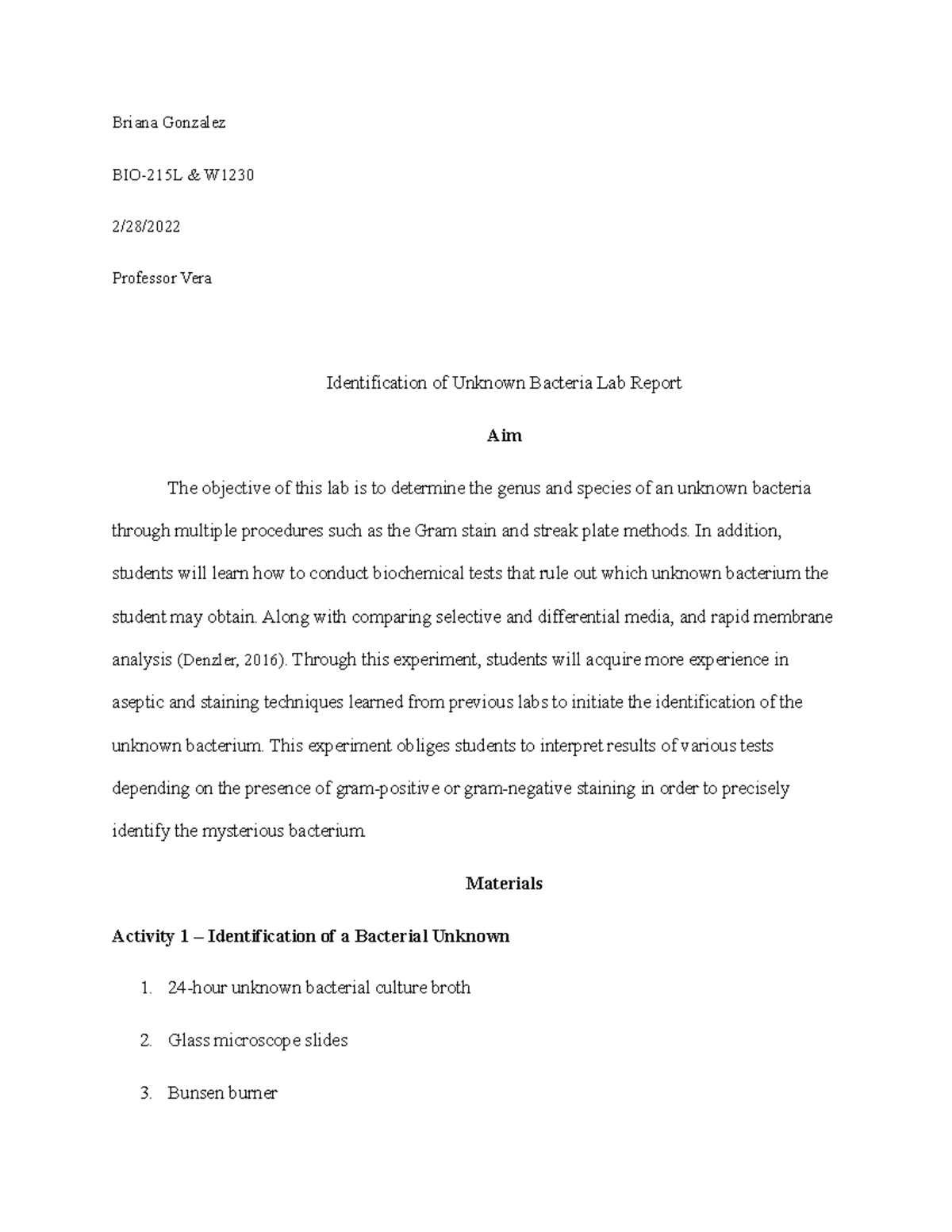 Identification of Unknown Bacteria Lab Report - Briana Gonzalez BIO ...