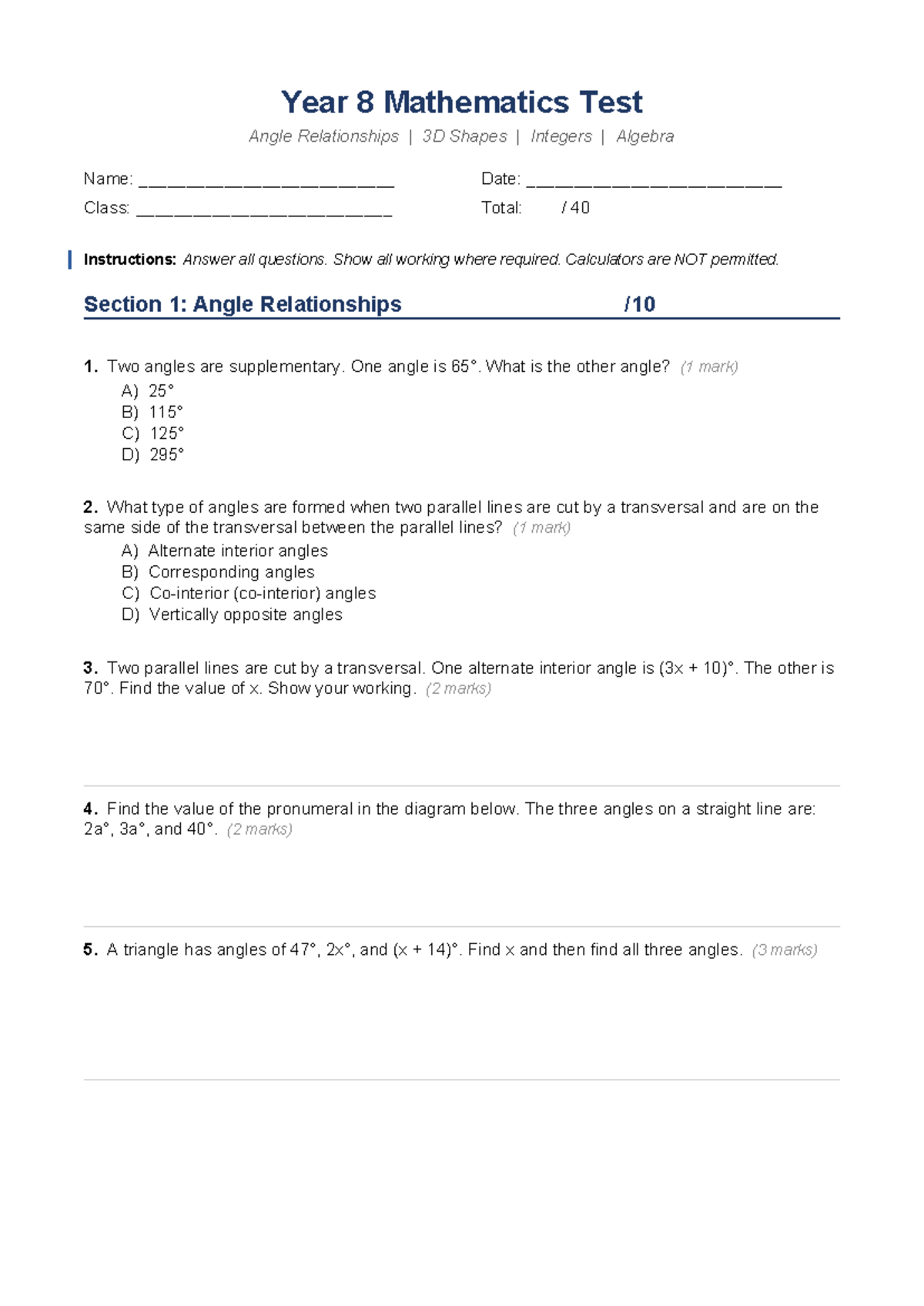 Year 8 Maths Test: Angle Relationships, 3D Shapes & Integers - Studocu
