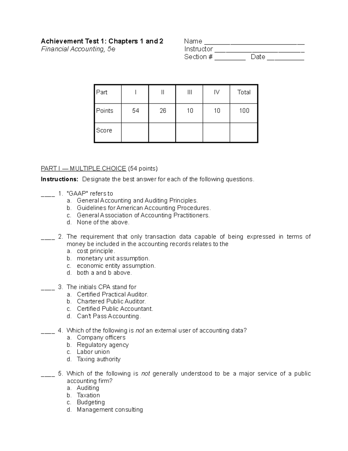 Test1 ch01-2 Financial Accounting exercises- test preparation questions ...