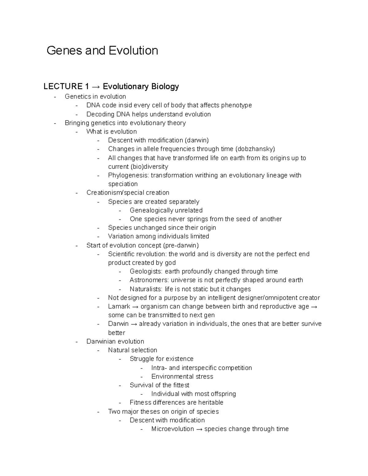 Genes and Evolution (BIO101) - Lecture Summary Notes - Studeersnel