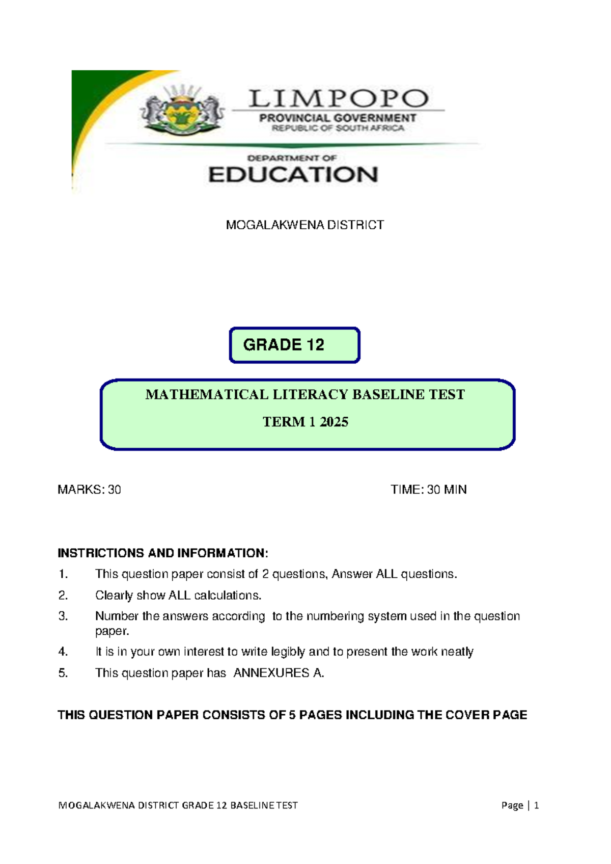 MLIT Grade 12 Baseline Test Term 1 2025: Question Paper & Instructions ...