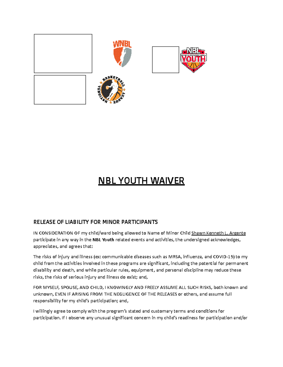 NBL Youth Program Waiver Form for Minor Participants - Studocu