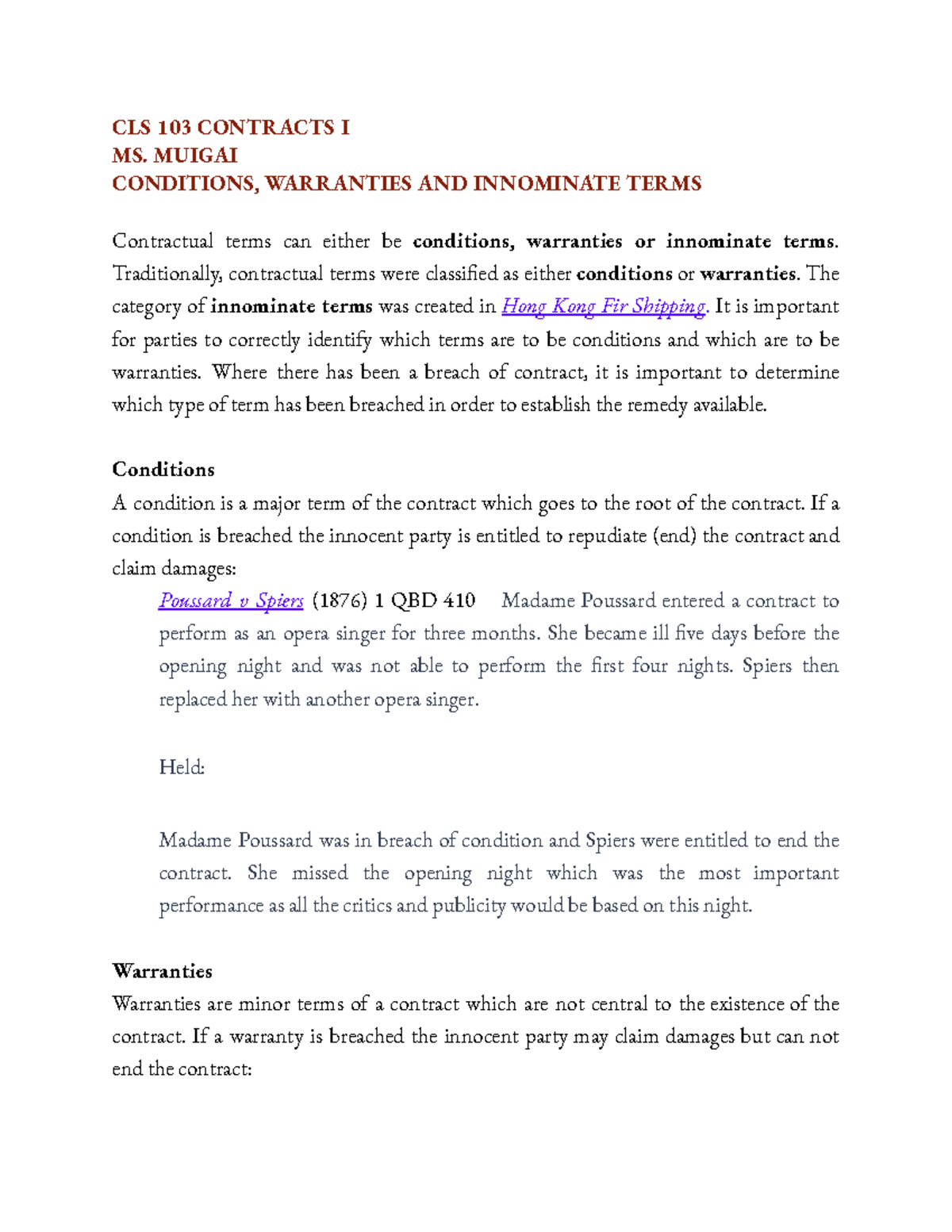 Conditions, Warranties & Innominate Terms - CLS 103 Notes - Studocu