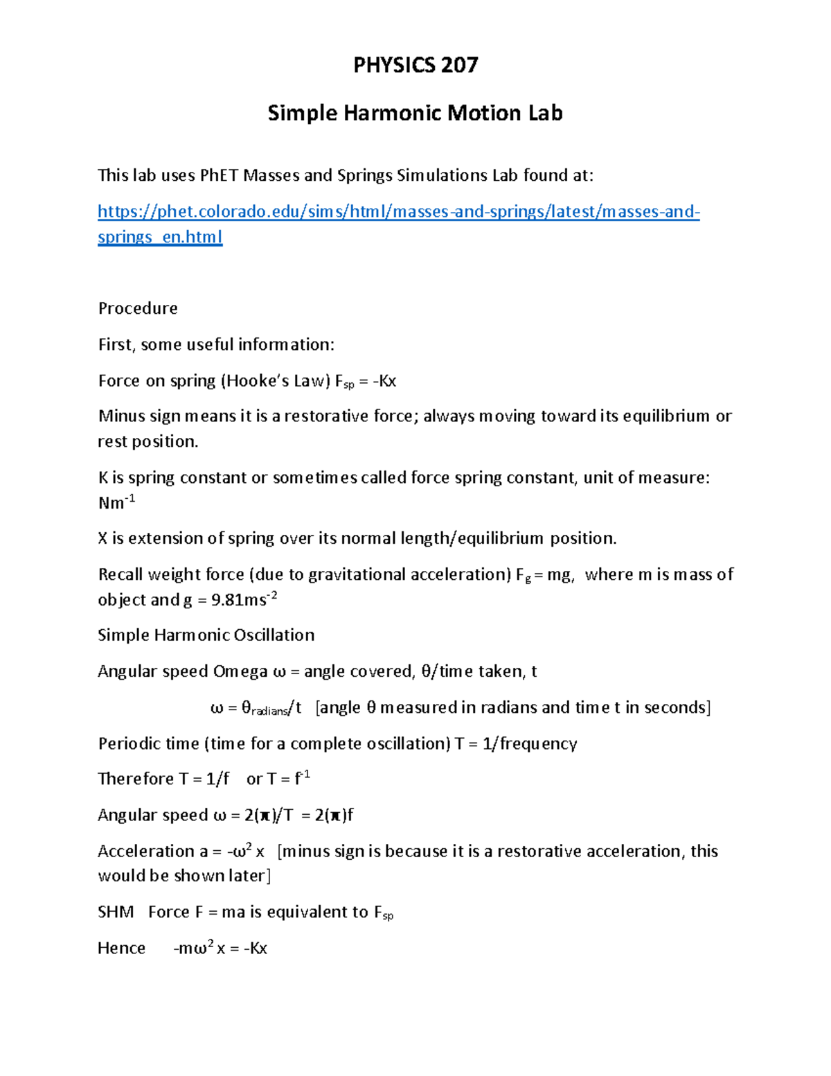 PHYS207-Exp6-Simple Harmonic Motion - Simple Harmonic Motion Lab This ...