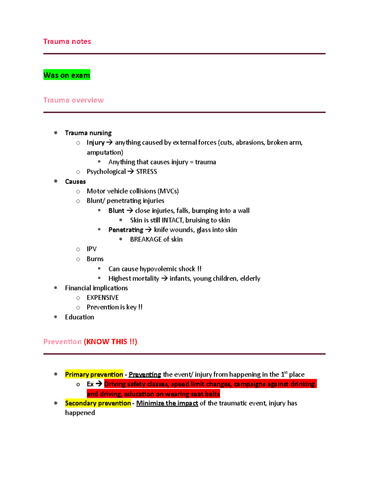 Trauma Nursing Lecture Notes (NUR 320): Overview, Prevention ...